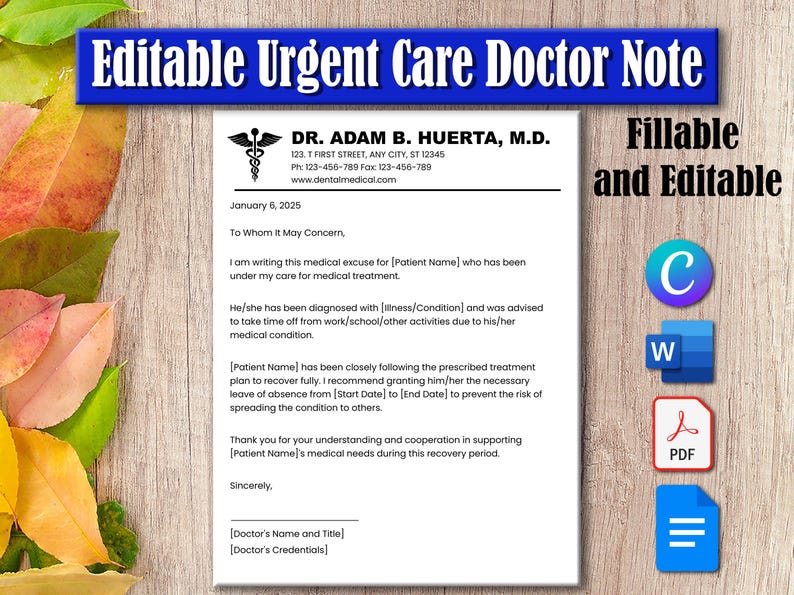 Editable Urgent Care Doctor Note for Work & School, Doctor's Excuse ...