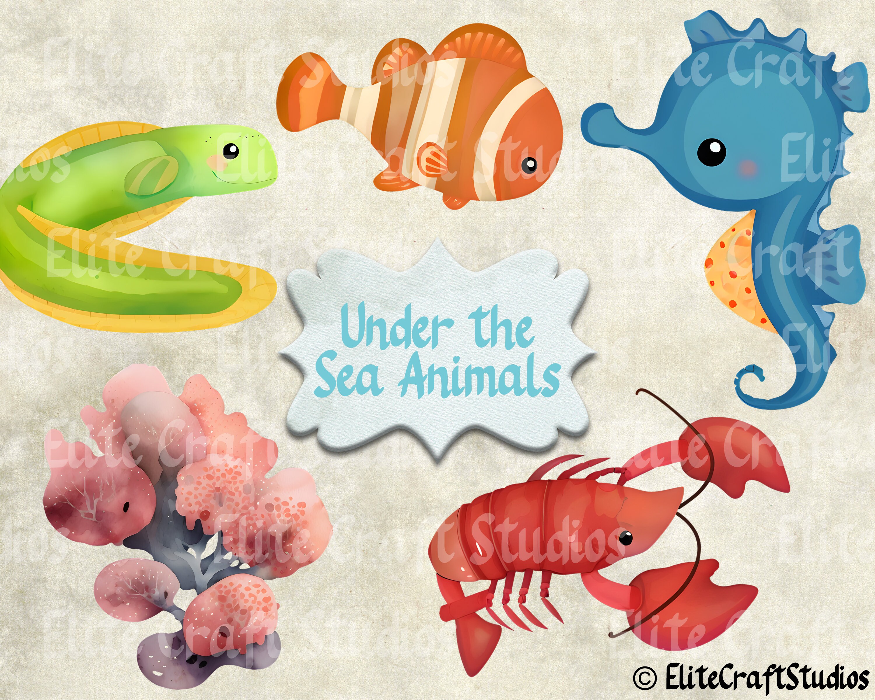Under the Sea Animal Clipart Bundle Set, Cute Sea Creatures Octopus ...