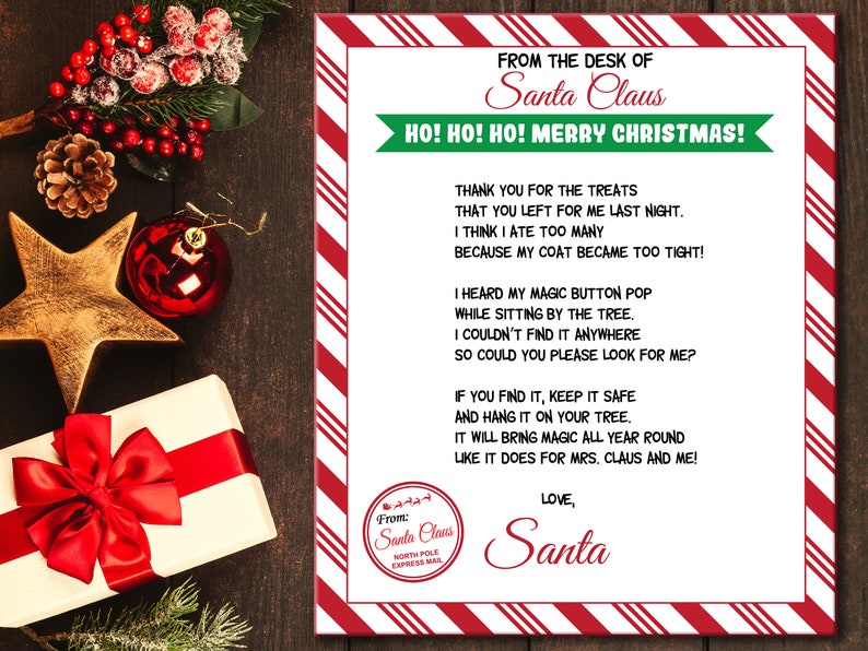Printable Santa's Lost Button Poem Card/letter, Editable Santa's ...