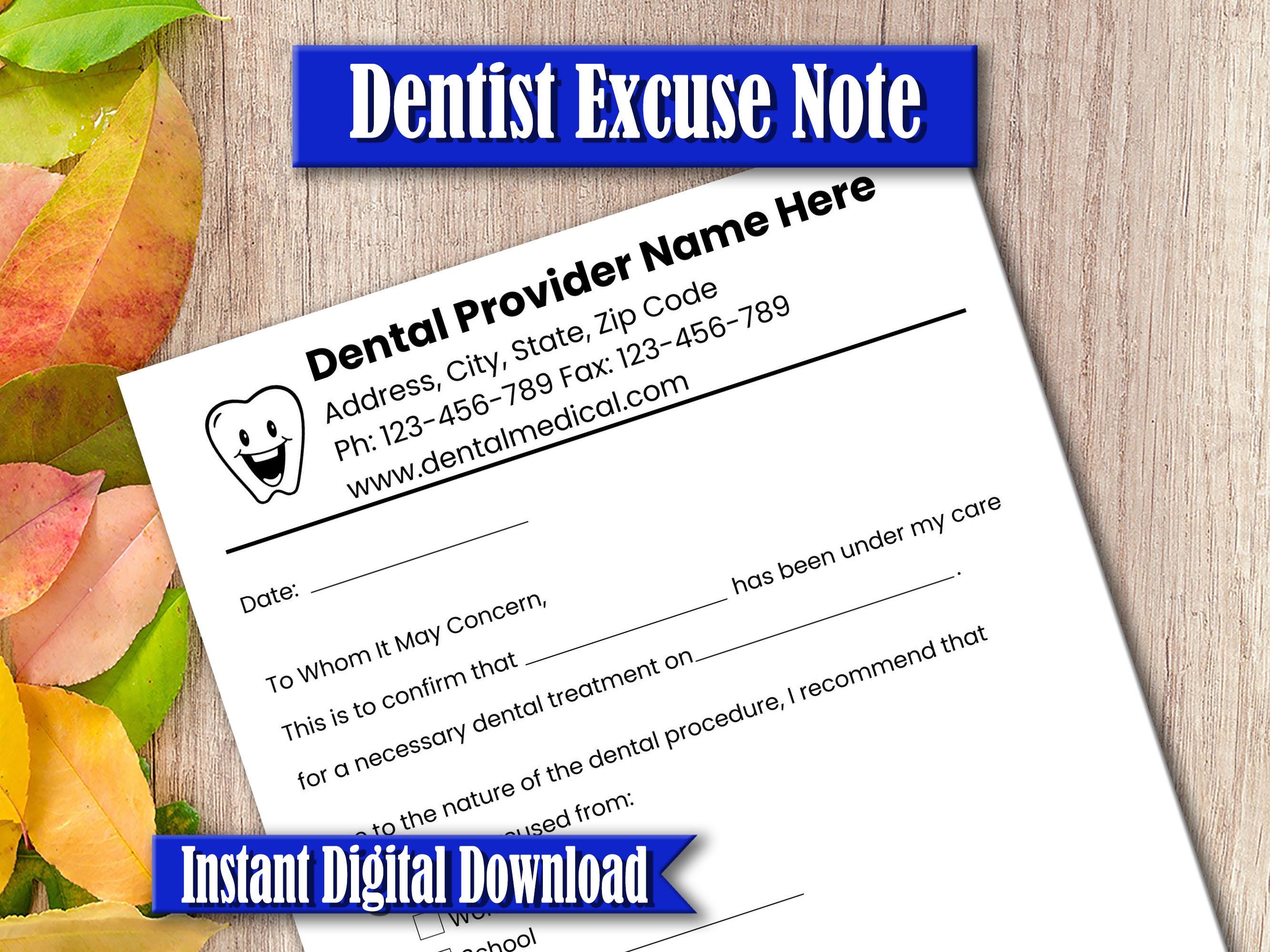 Editable Dentist Excuse Note - Excuse Template for Work & School ...