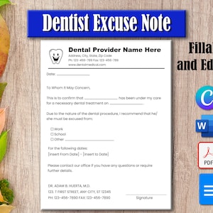 Editable Dentist Excuse Note - Excuse Template for Work & School ...
