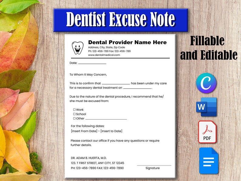 Editable Dentist Excuse Note - Excuse Template for Work & School ...