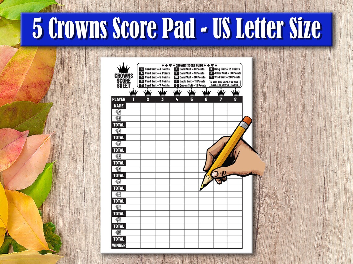 Five Crowns Card Game Score Sheet, Printable 5 Crowns Scorecard ...