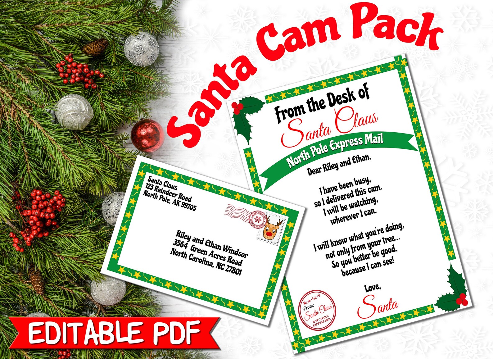 Santa Cam Letter and Envelope Pack Printable & Editable Santa Claus ...