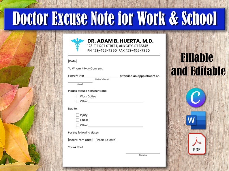 Doctor Excuse Note Template, Doctor Excuse Letter for Work, School ...