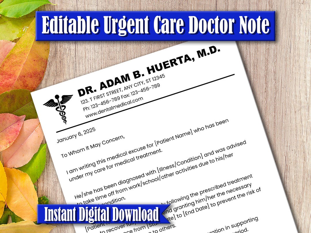 Editable Urgent Care Doctor Note for Work & School, Doctor's Excuse Letter, Doctor Excuse Note ...