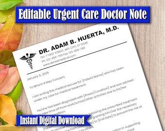 Editable Urgent Care Doctor Note for Work & School, Doctor Excuse Note Template, Doctor's Excuse ...