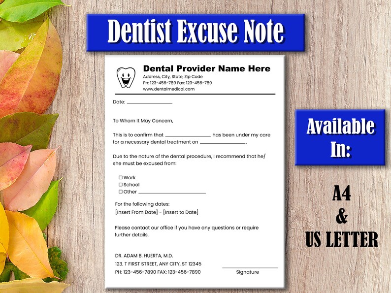 Editable Dentist Excuse Note - Excuse Template for Work & School ...