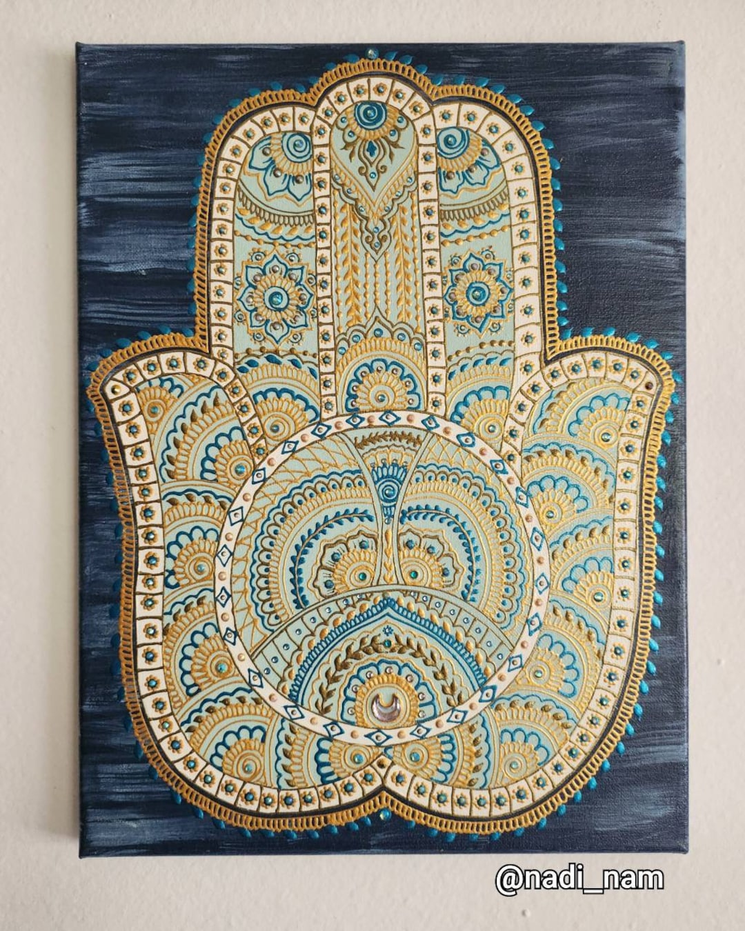 Hamza Hand of Fatima Henna Inspired Teal Blue Gold Sage Green 16"x12 ...