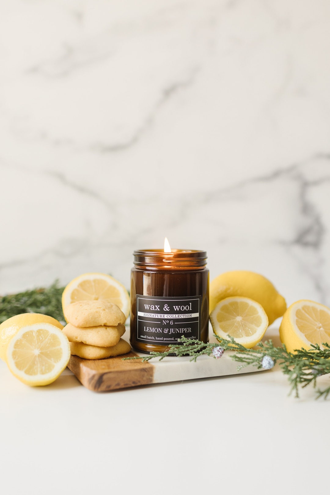 No. 6 Lemon & Juniper - 9oz Amber Jar Pure Soy Wax Candle With Lid - Etsy