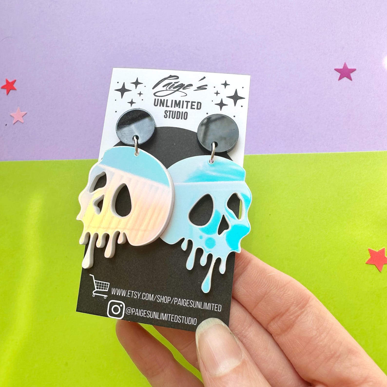 Iridescent Melty Skull Earrings, Holographic Pastel Rainbow, Halloween ...