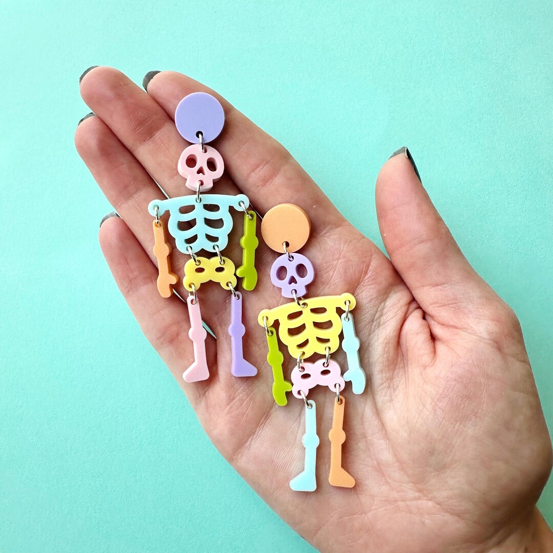 Pastel Rainbow Dangly Skeleton Bois, Spooky Cute Halloween Earrings ...