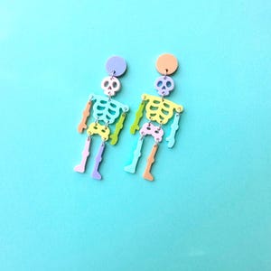 Pastel Rainbow Dangly Skeleton Bois, Spooky Cute Halloween Earrings, Laser Cut, October Jewelry ...