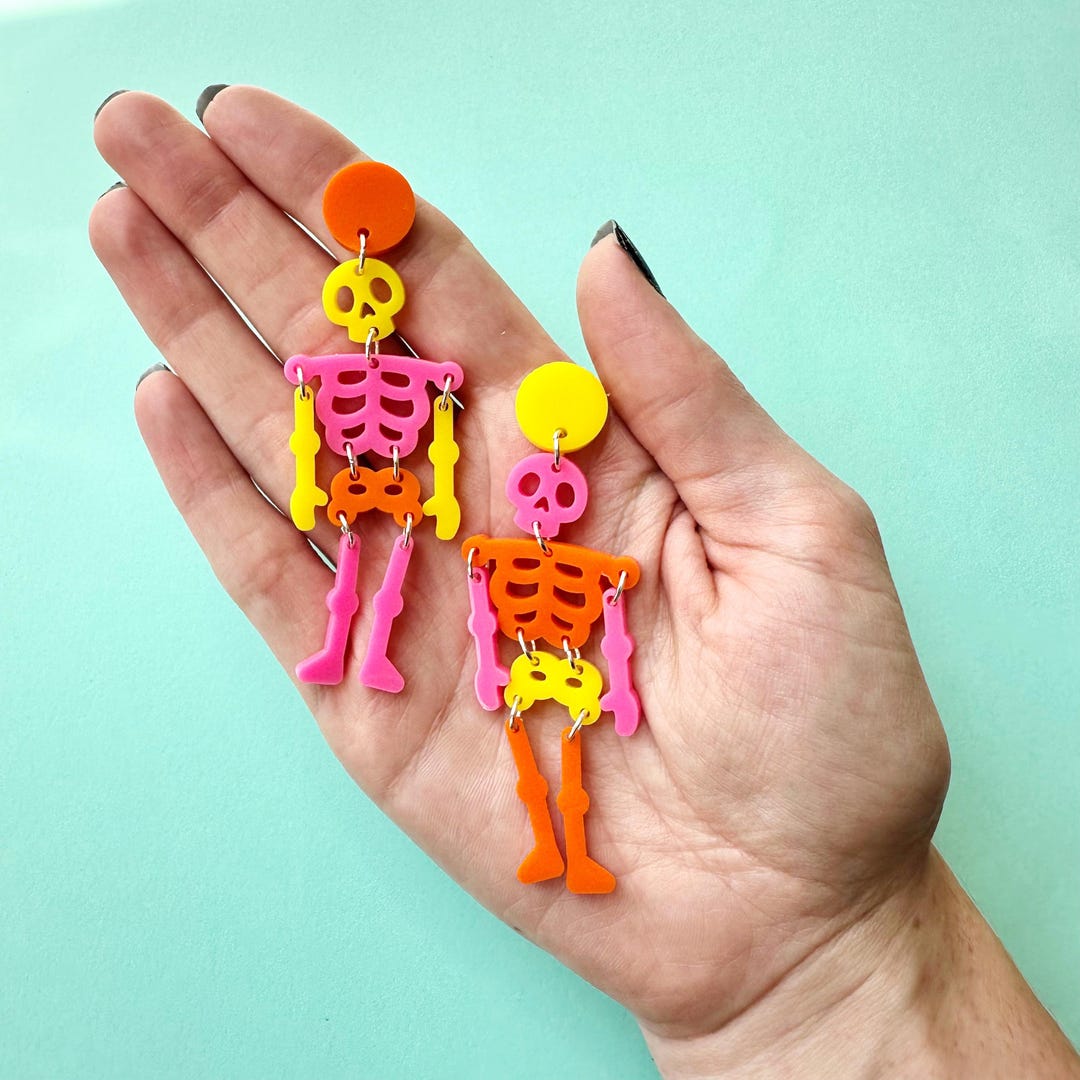 Rainbow Dangly Skeleton Bois, Spooky Cute Halloween Earrings, Laser Cut ...