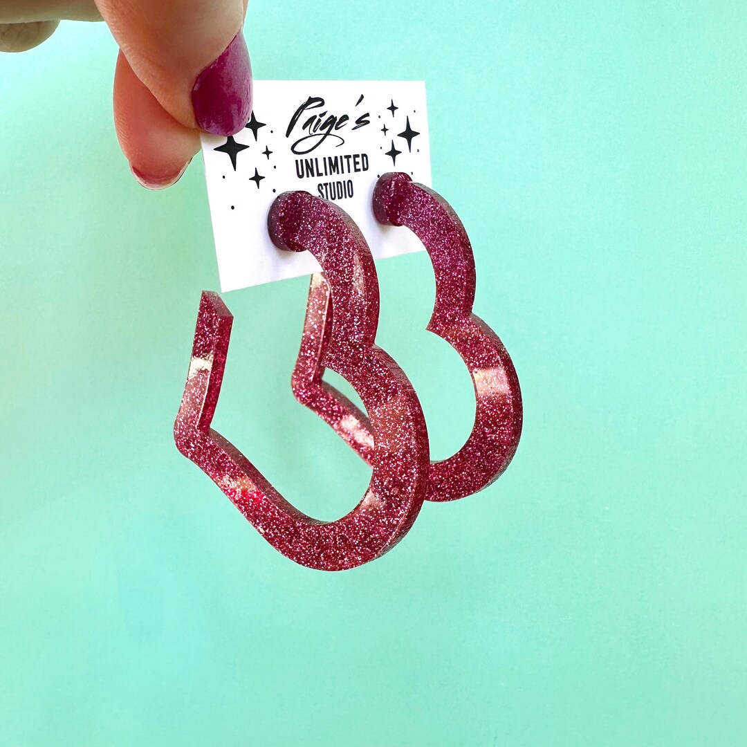 Magenta Heart Shape Glitter Hoop Statement Earrings, Acrylic Pink ...