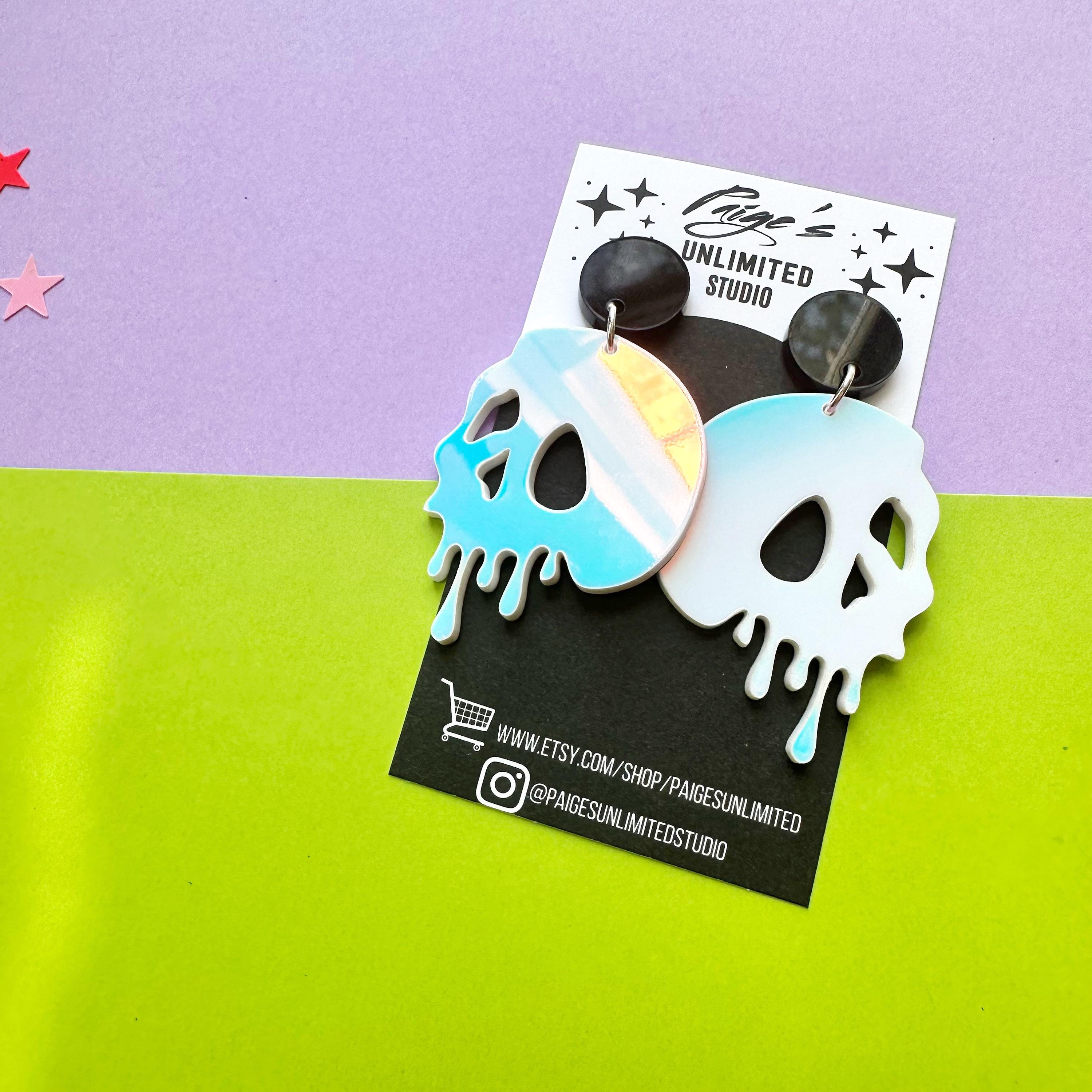 Iridescent Melty Skull Earrings, Holographic Pastel Rainbow, Halloween ...