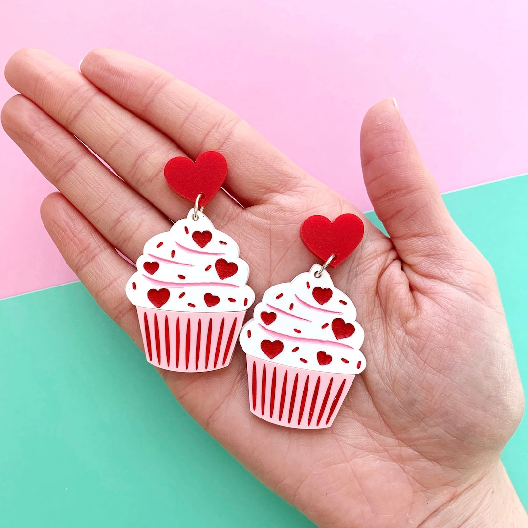 Sweet Little Valentine Cupcake Earrings, Heart, Dessert Food Earrings ...