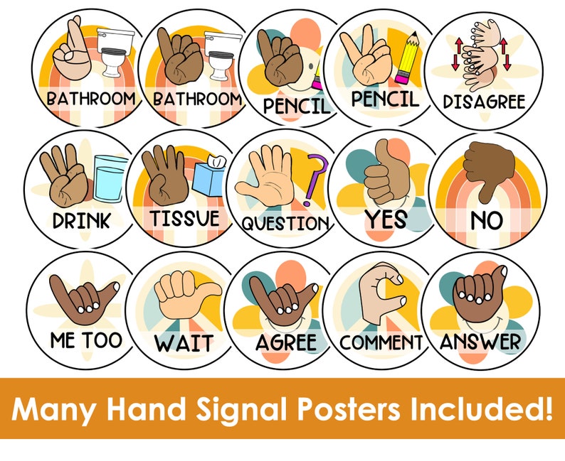 Retro Hand Signals Classroom Groovy Hand Signal Posters - Etsy