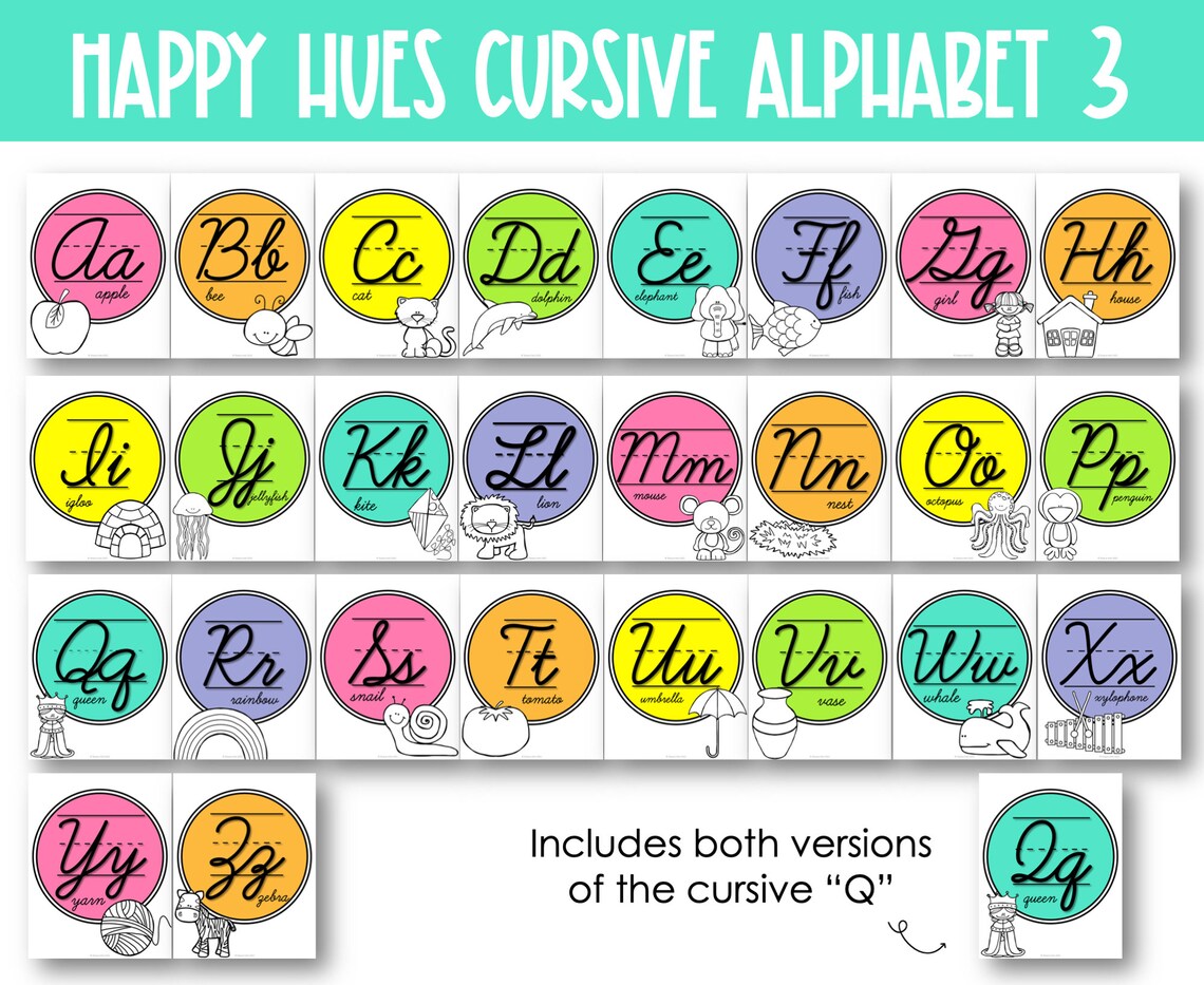 Cursive Alphabet Posters Cursive Alphabet Chart Bright - Etsy