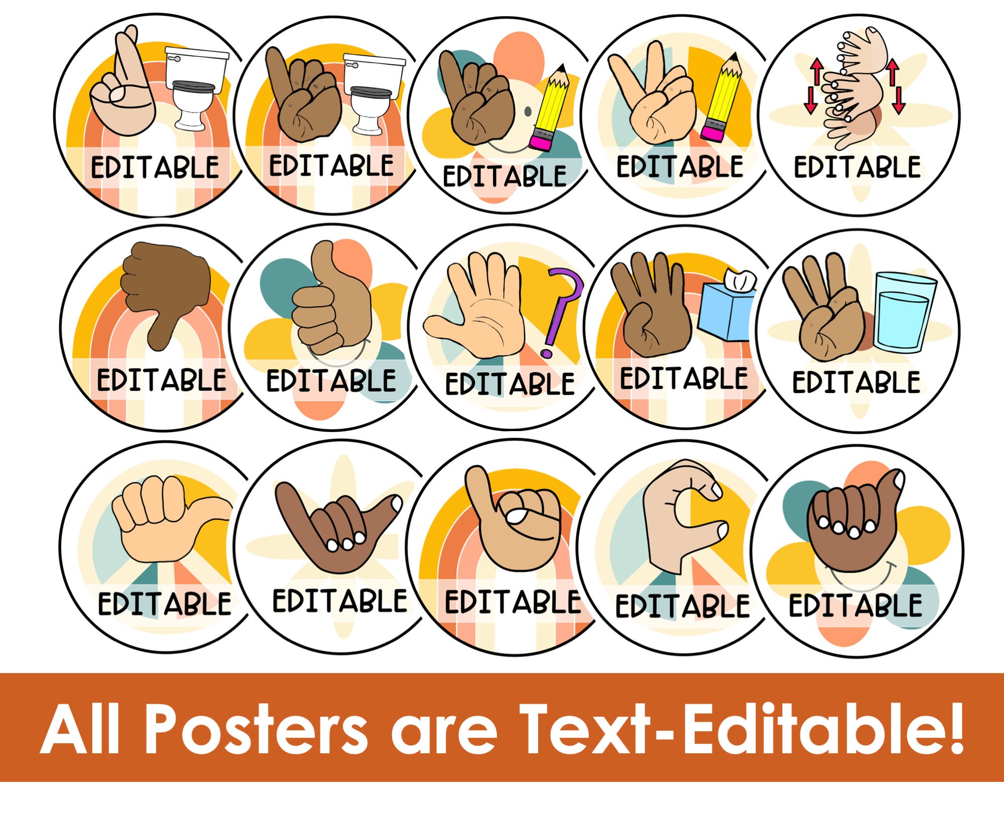 Retro Hand Signals Classroom, Groovy Hand Signal Posters - Etsy
