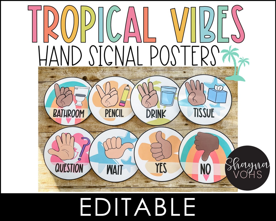 Hand Signal Posters Classroom, Tropical Hand Signals, Tropical Vibes ...