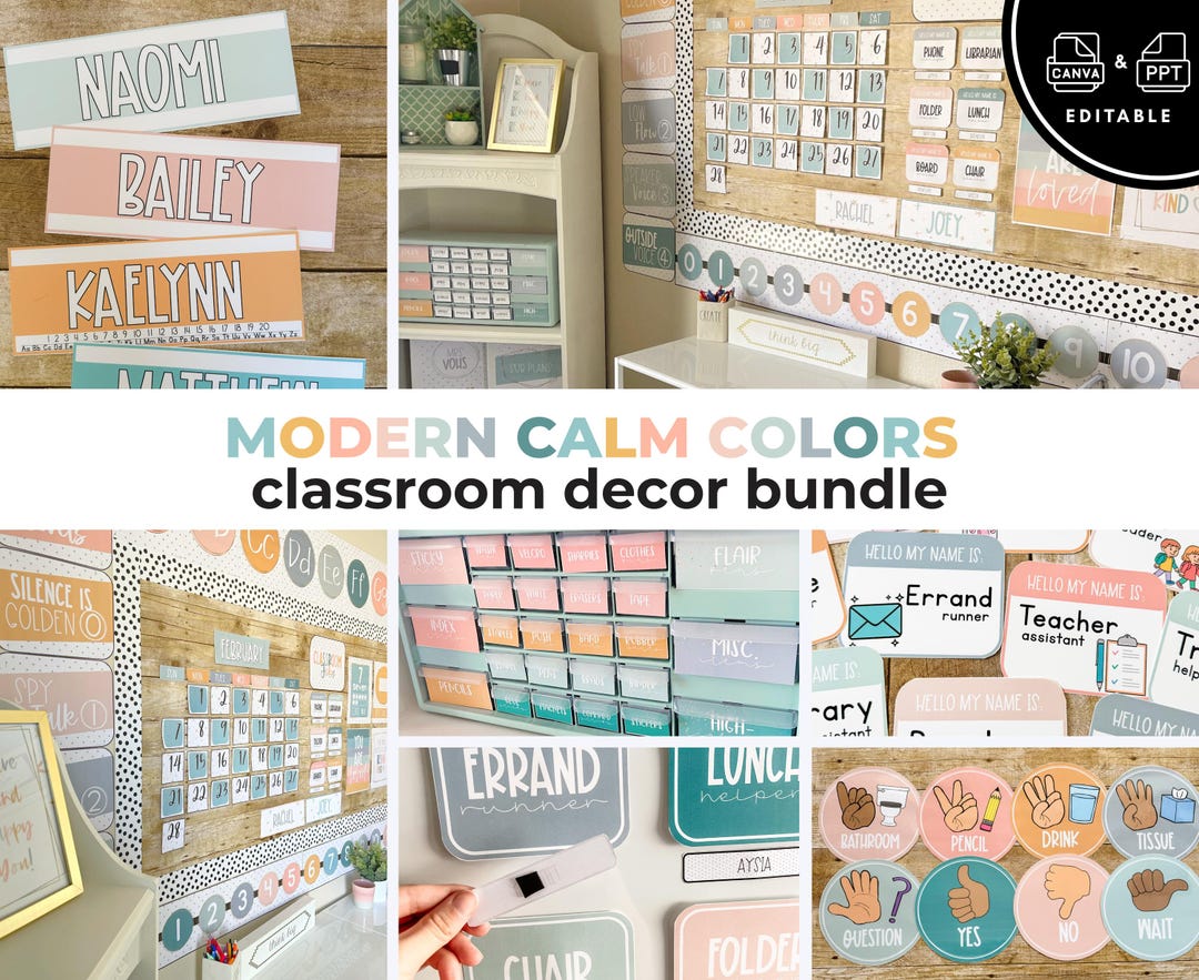 Calm Colors Classroom Decor Bundle: Editable Posters, Labels (canva or ...