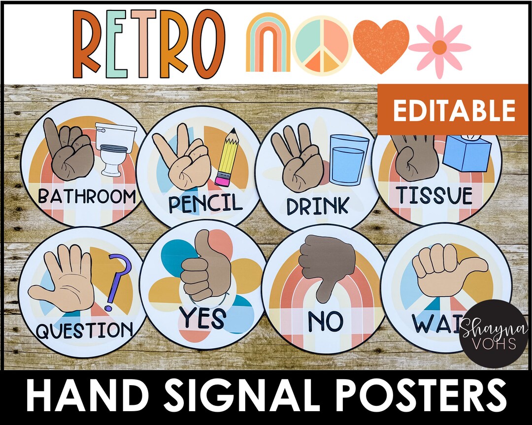 Retro Hand Signals Classroom, Groovy Hand Signal Posters - Etsy
