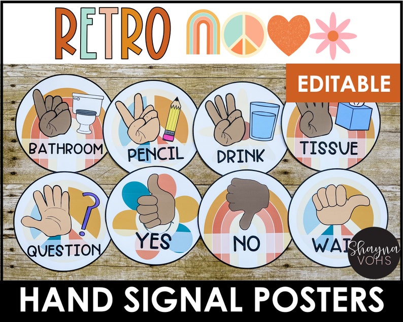 Retro Hand Signals Classroom Groovy Hand Signal Posters - Etsy