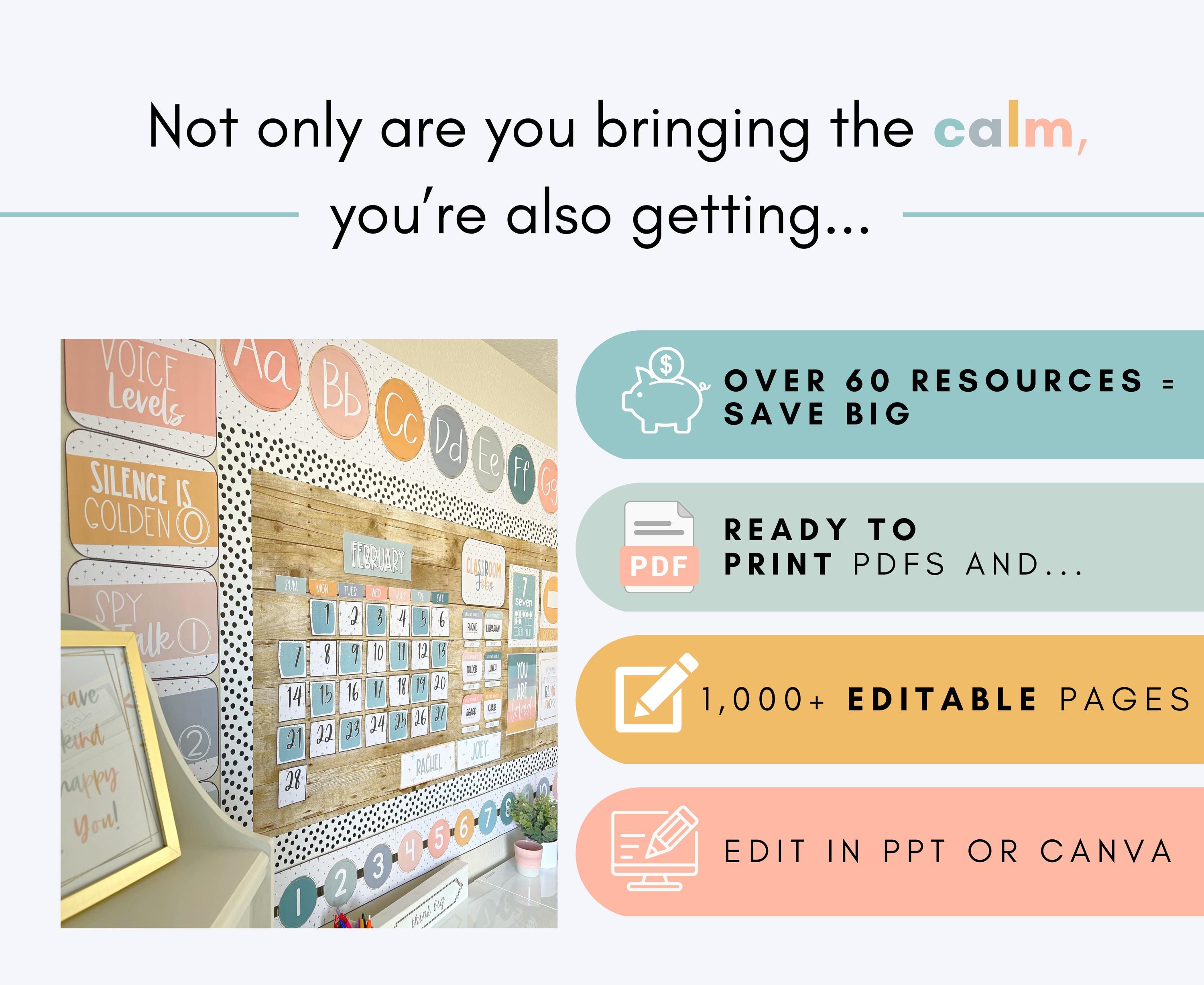 Calm Colors Classroom Decor Bundle: Editable Posters, Labels (canva or ...