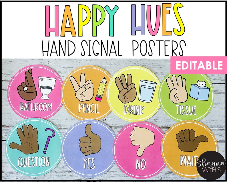 Hand Signal Classroom Posters: Bright, Editable Design - Etsy