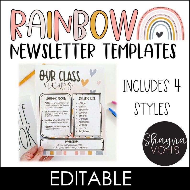 Boho Rainbow Newsletter Template for School - Etsy