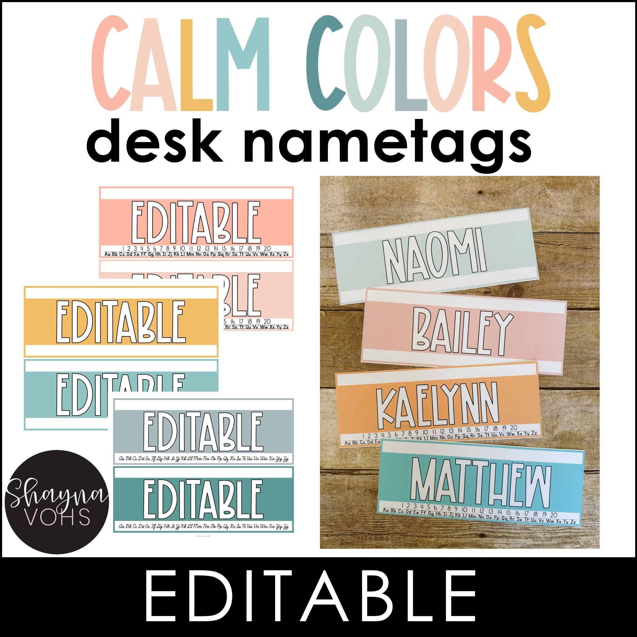 Calm Colors Classroom Desk Name Tags: Editable Alphabet Styles - Etsy