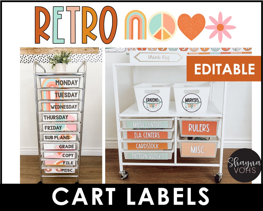 Retro 10 Drawer Rolling Cart Label, Retro Cart Labels, Groovy Classroom ...