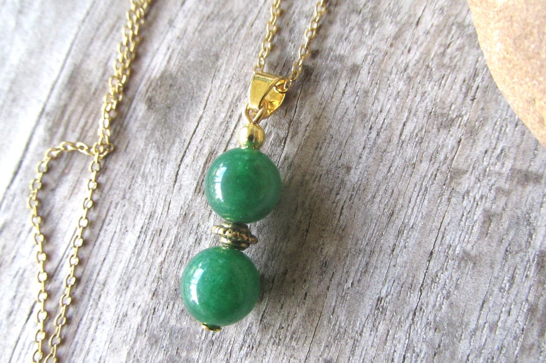 Green Jade Bead Pendant Necklace Green Jade Gemstone Gold Chain ...