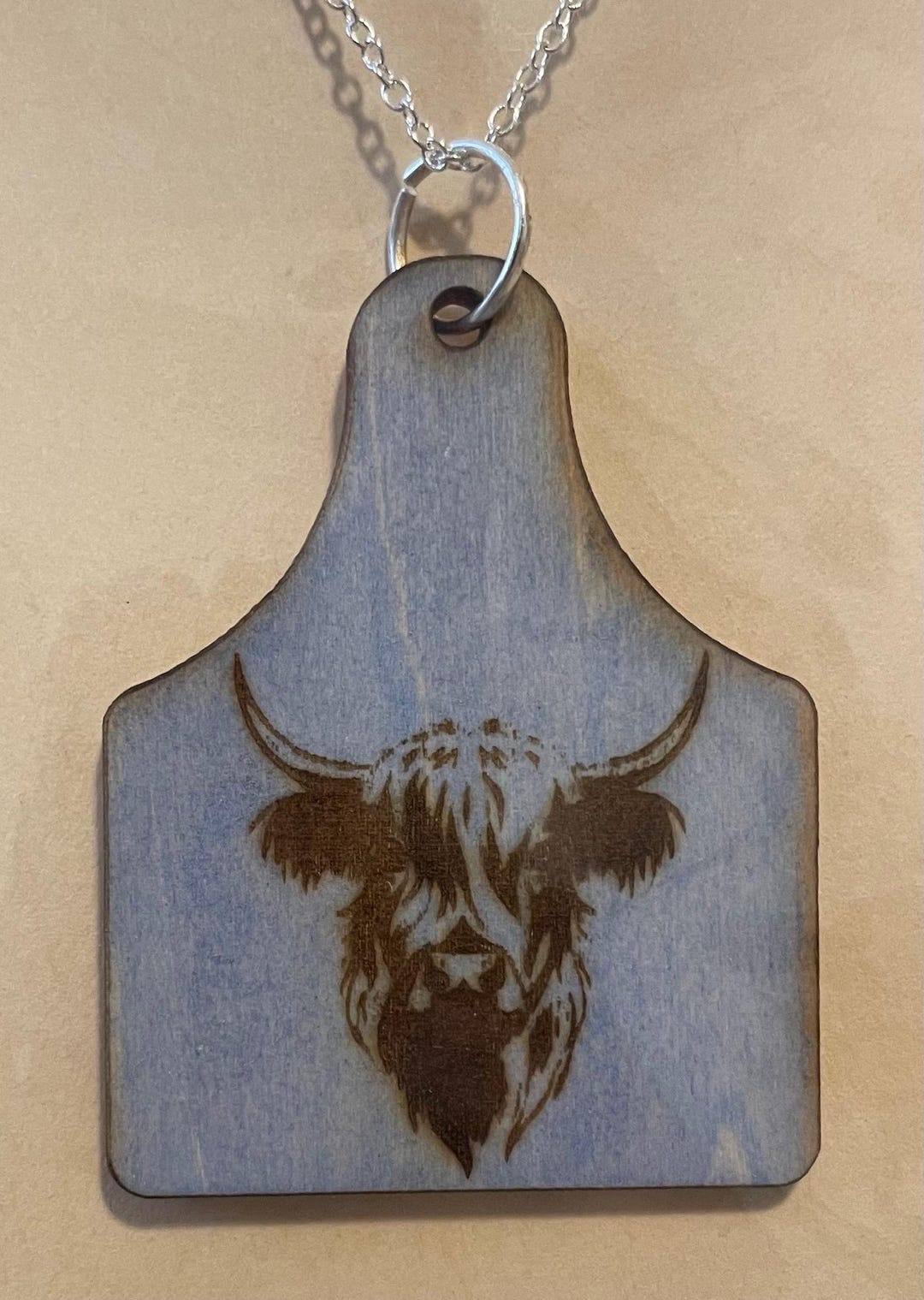 Western Highland Cow Head Wood ear Tag Shape Necklace Hand Painted With ...