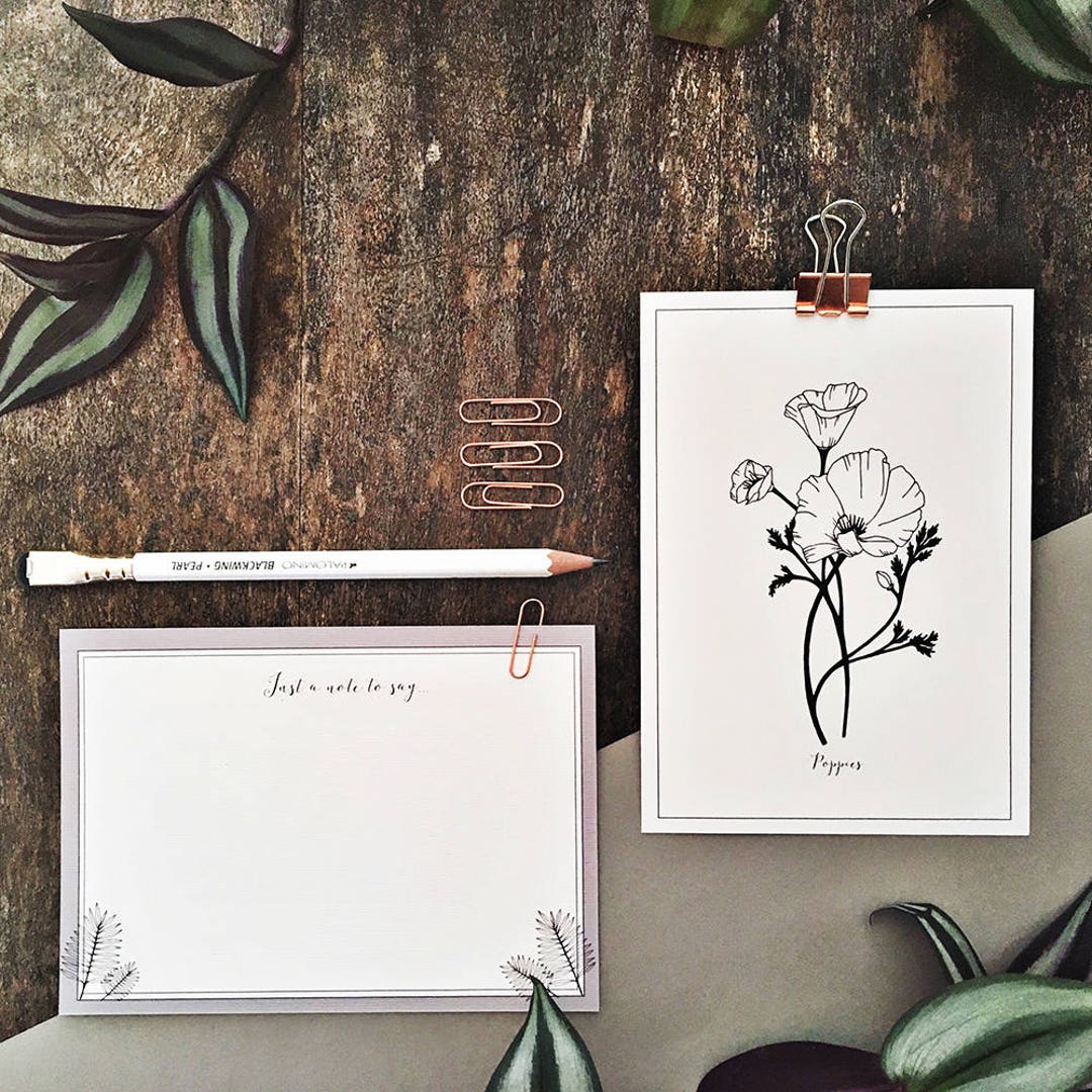 Notelet | Botanical | Poppy | Flower Illustration | Botanical Notelet ...