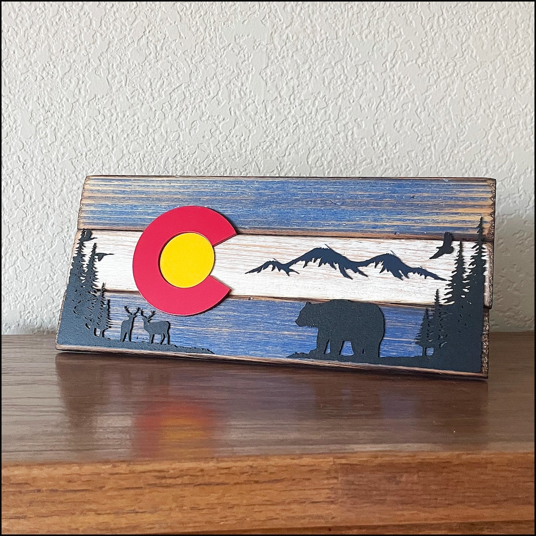 Colorado Wood Flag - Rustic Desk-top Bear Version - Colorado Gift ...