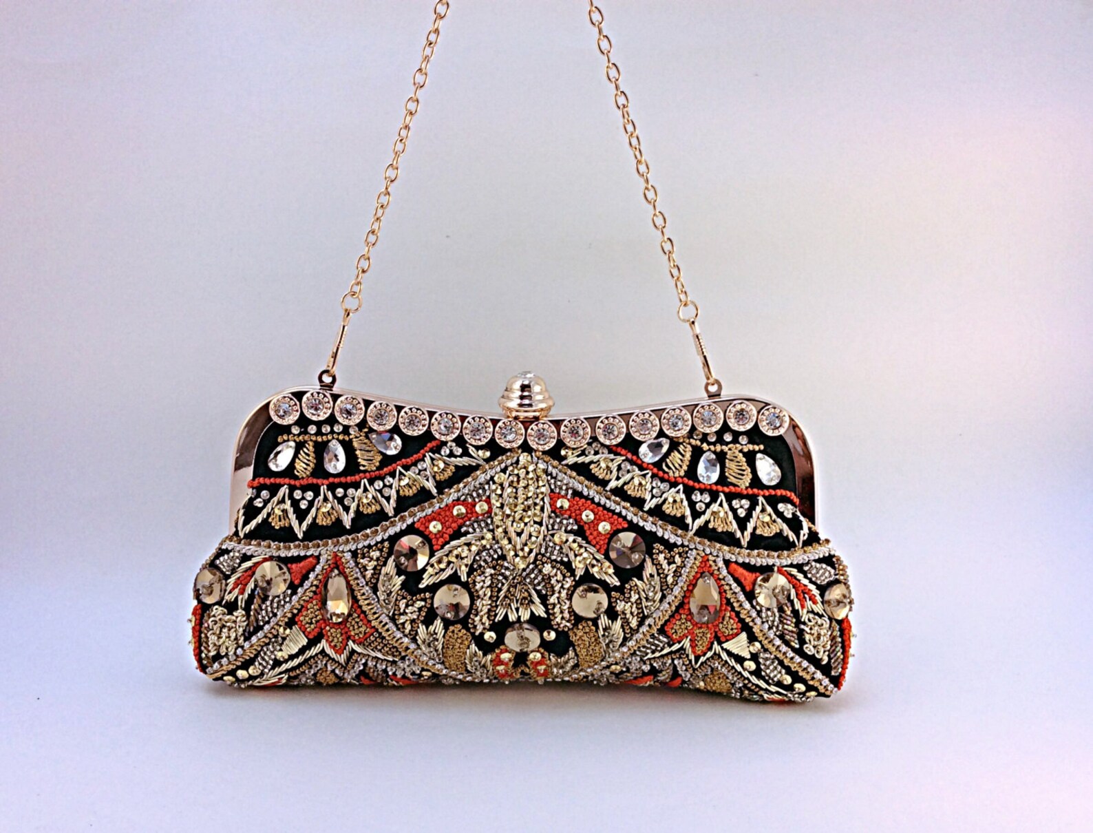 Luxury Embellished Clutch, Gold Thread Motif Work, Embroidery Clutch ...