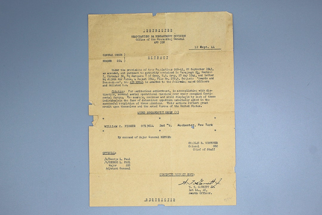 WW2 US Air Medal Citation Doc for an Officer With the 8th AAF - Etsy