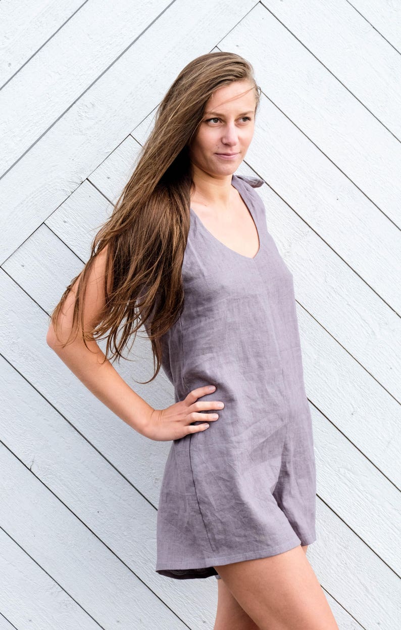 Buy Gray Linen Overalls: Women's Short Romper, Handmade Linen Jumpsuit ...