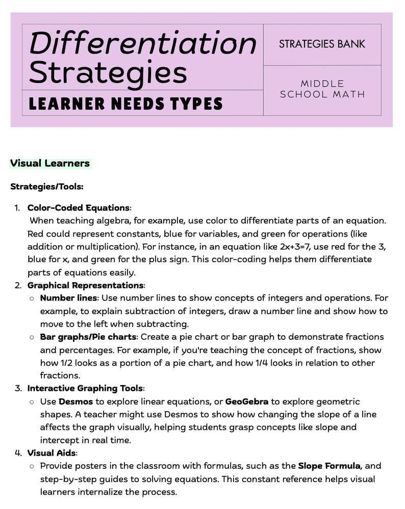 Differentiation Strategies - Learner Needs & Types (math) - Etsy