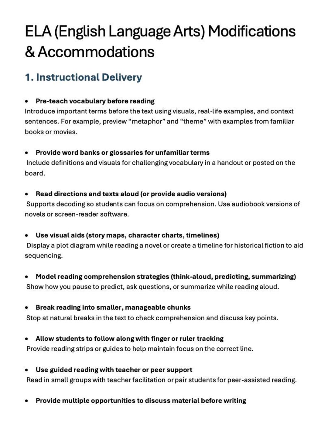 ELA Accommodations and Modifications Checklist – Special Education ...