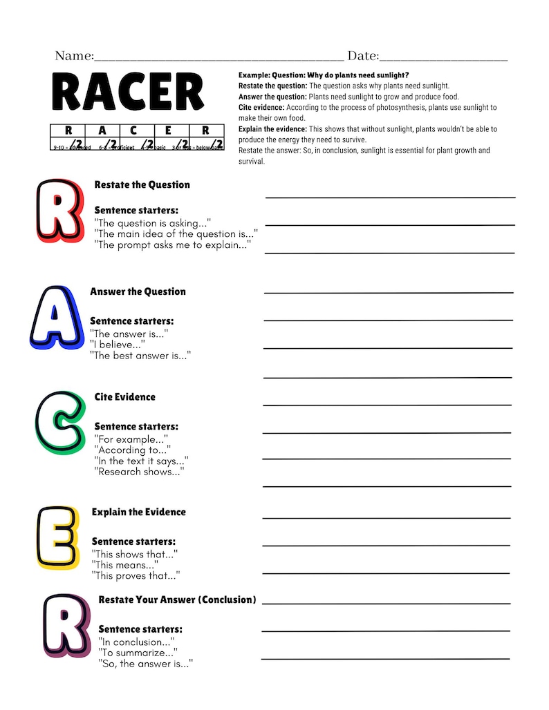 RACER Template for ALL Learners! Includes: Sentence Starters and ...