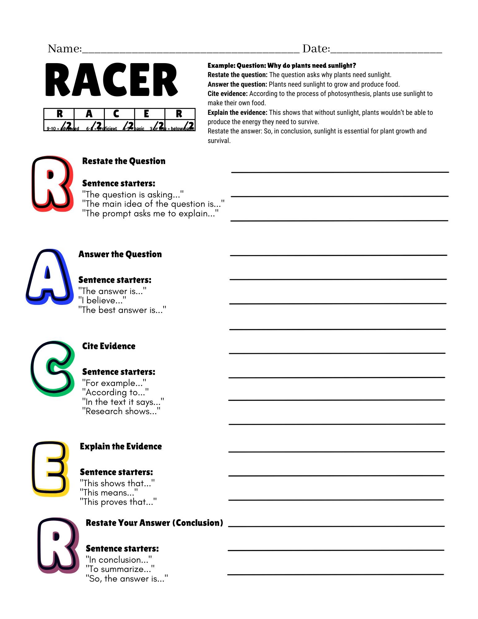 RACER Template for ALL Learners! Includes: Sentence Starters and ...