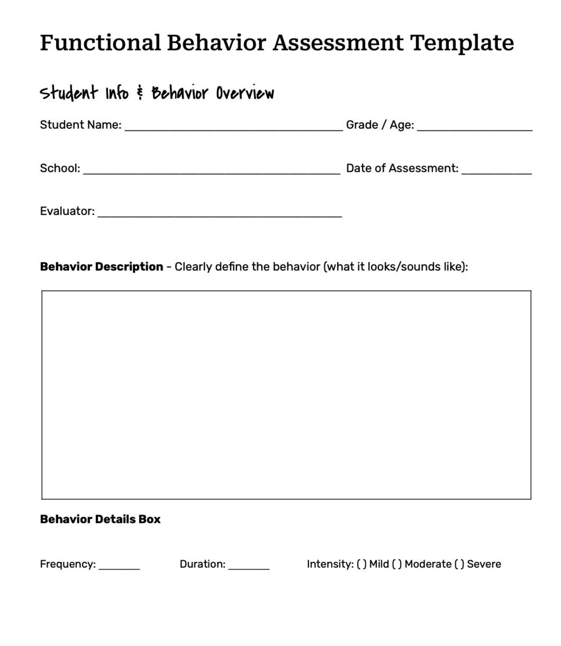 Functional Behavior Assessment (FBA) Template – Editable Google Docs ...