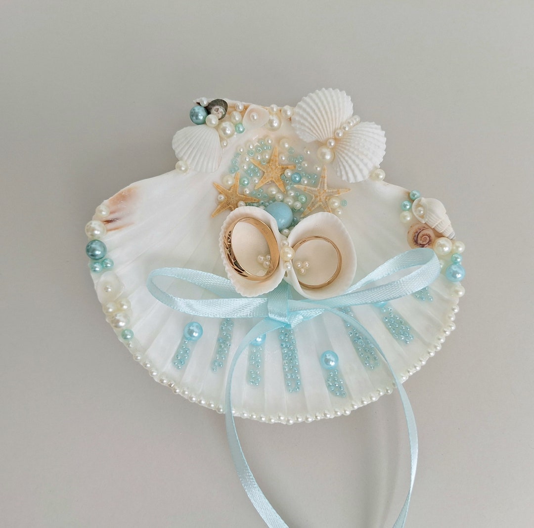 Aqua Blue Shell Ring Holder, Wedding Ring Holder, Starfish, Beach Ring ...
