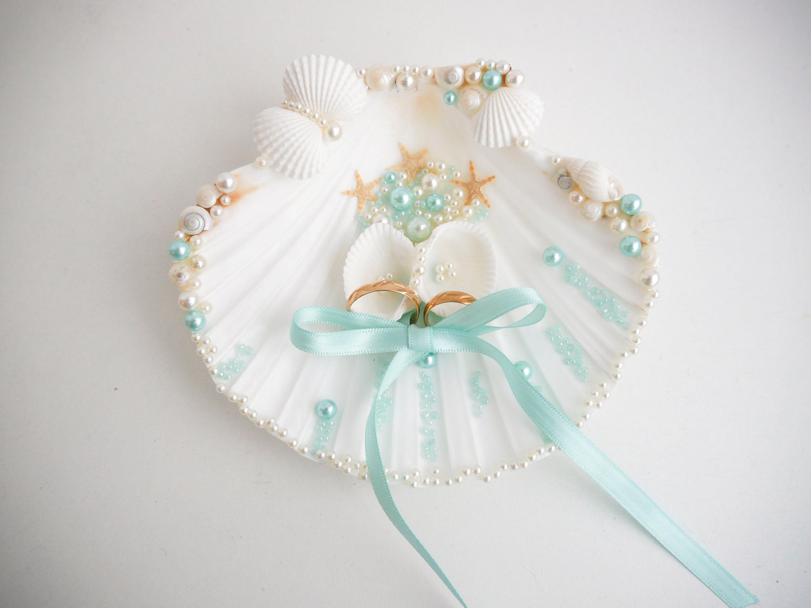 Shell Ring Holder, Aqua Blue, Wedding Ring Holder, Starfish, Beach Ring ...
