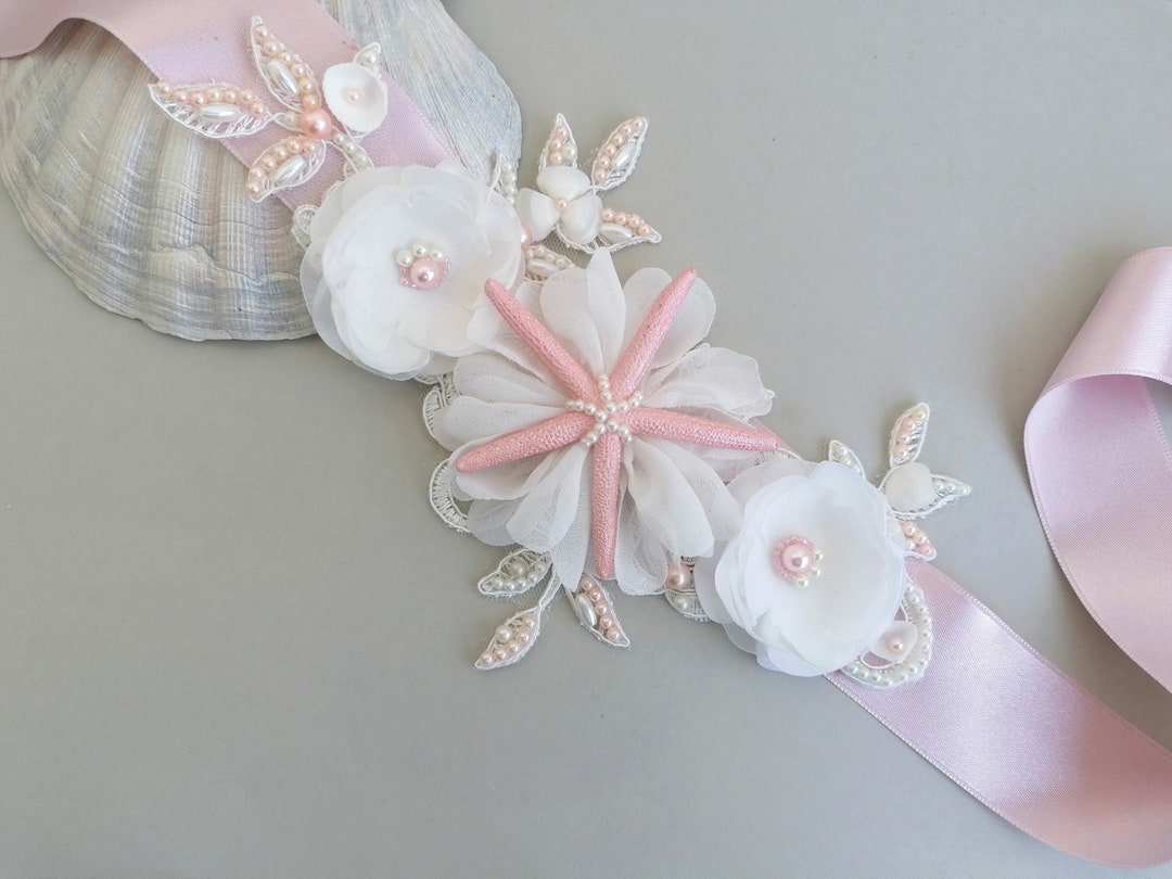 Seashell Bridal Sash: Starfish, Blush Pink Flower, Beach Wedding - Etsy