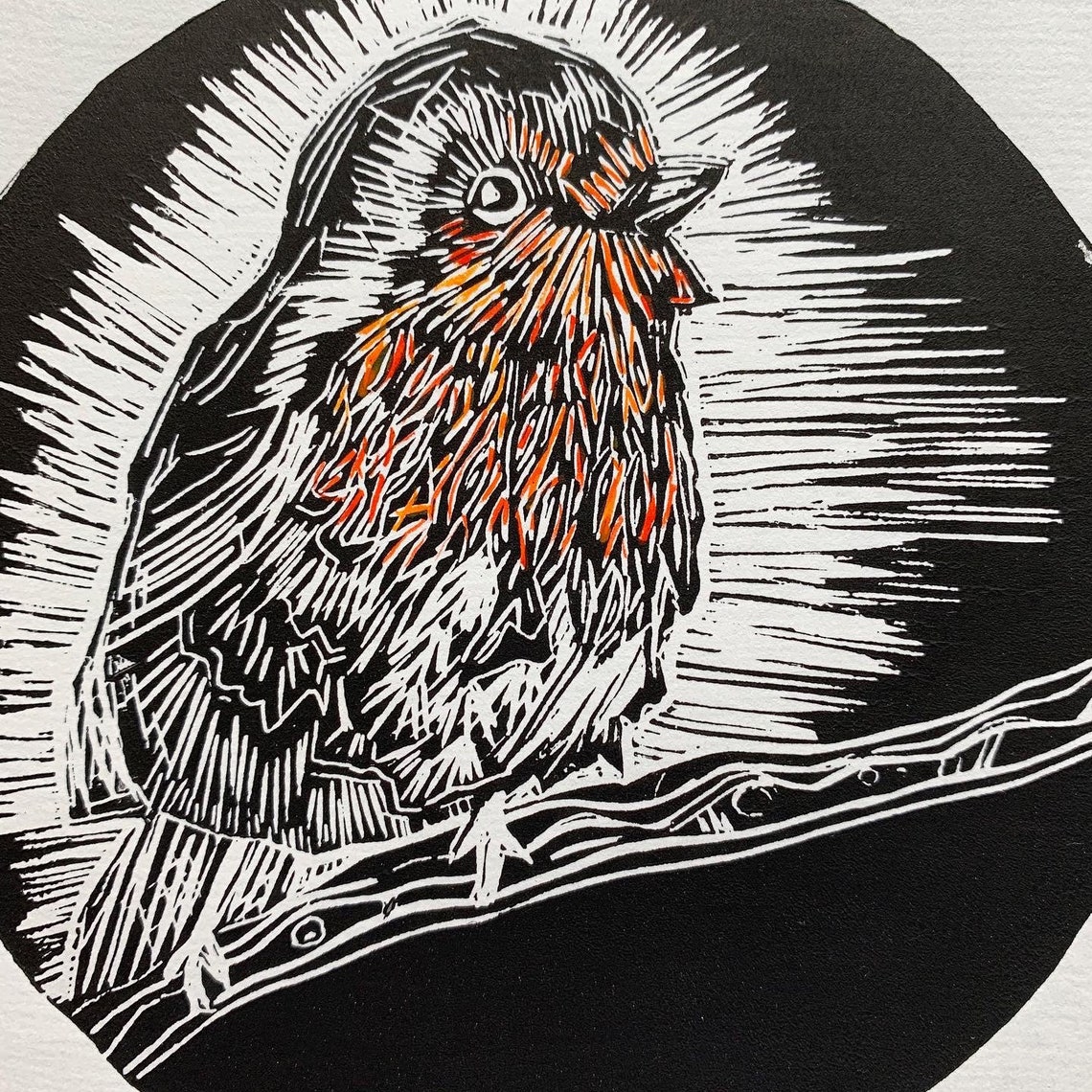 Cheery Wee Robin Linocut Print with Watercolour Handtinting | Etsy