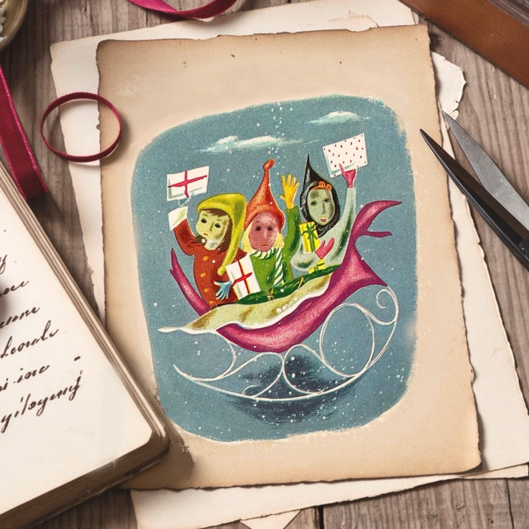 Vintage Christmas Elves Sleigh Ride Print | Retro Holiday Wall Art ...